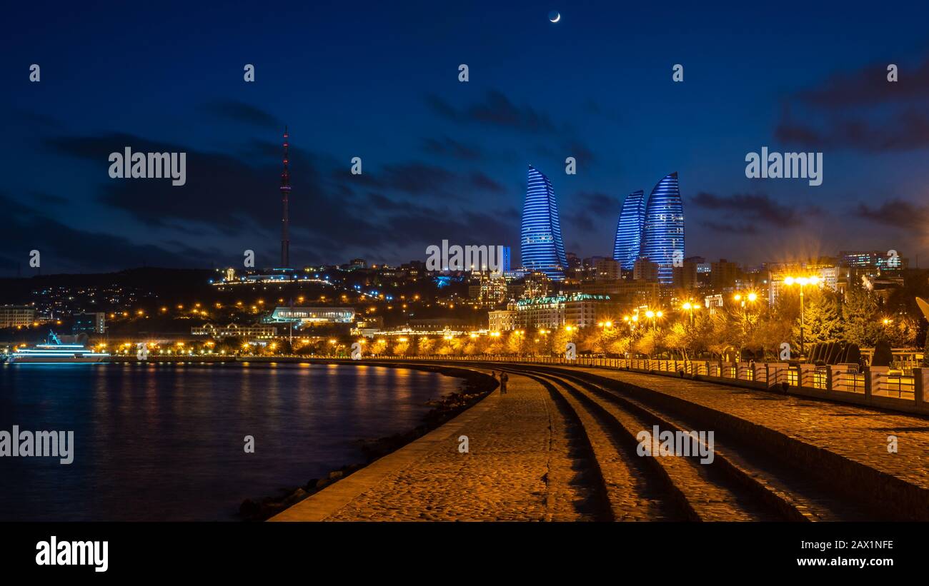 Night view of Baku with the Flame Towers skyscrapers Stock Photo - Alamy