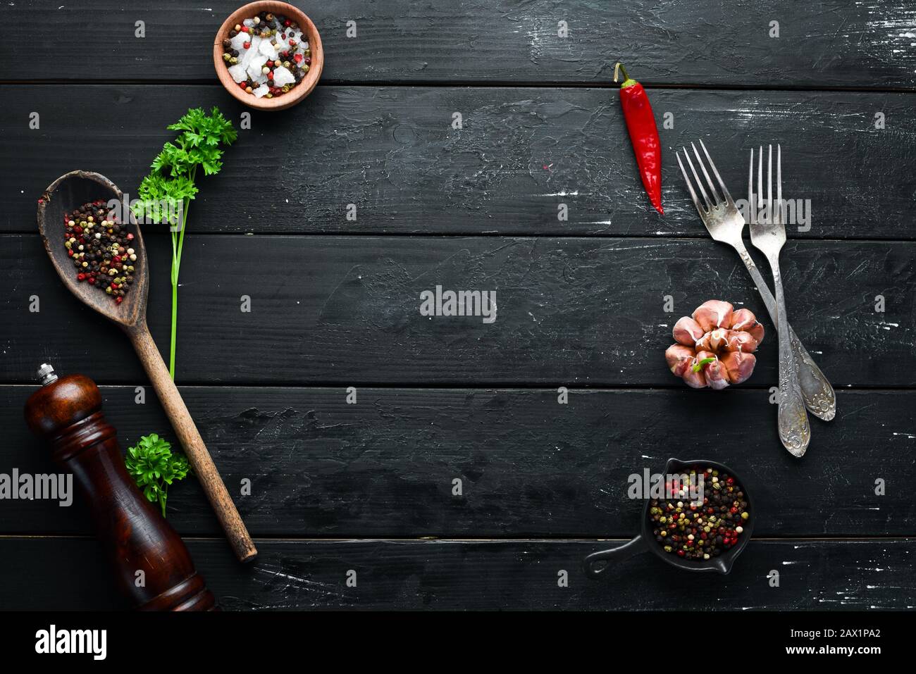 Cooking banner. Spices and kitchen utensils. Top view. Free space for ...