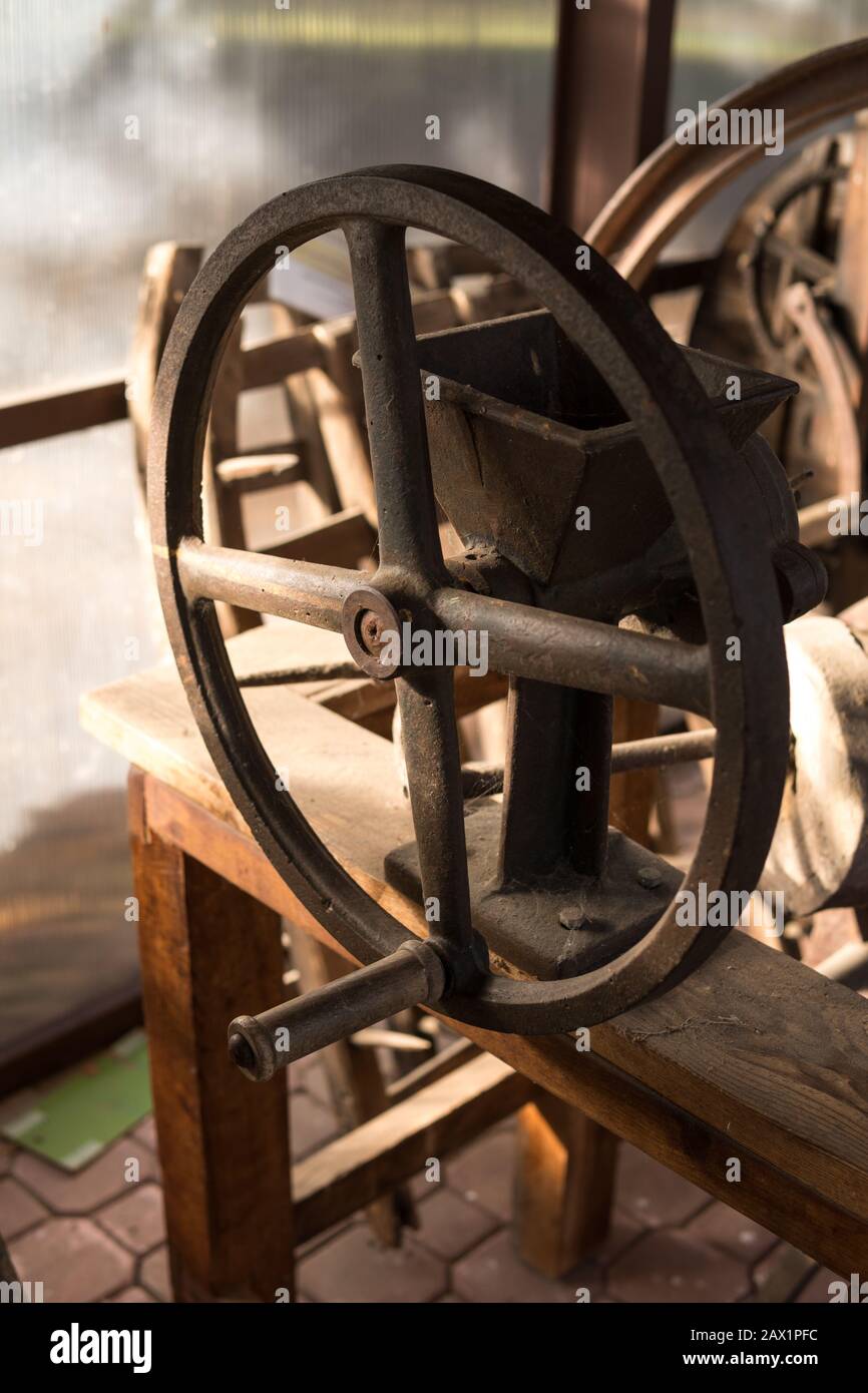 detail of old vintage machine made from wood and metal cogwheel Stock ...