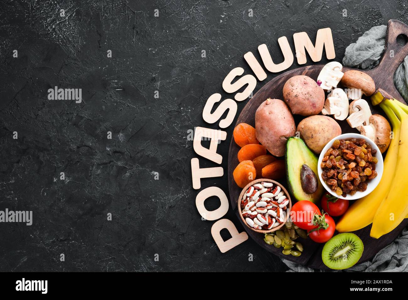 The food contains natural potassium. K: Potatoes, mushrooms, banana ...