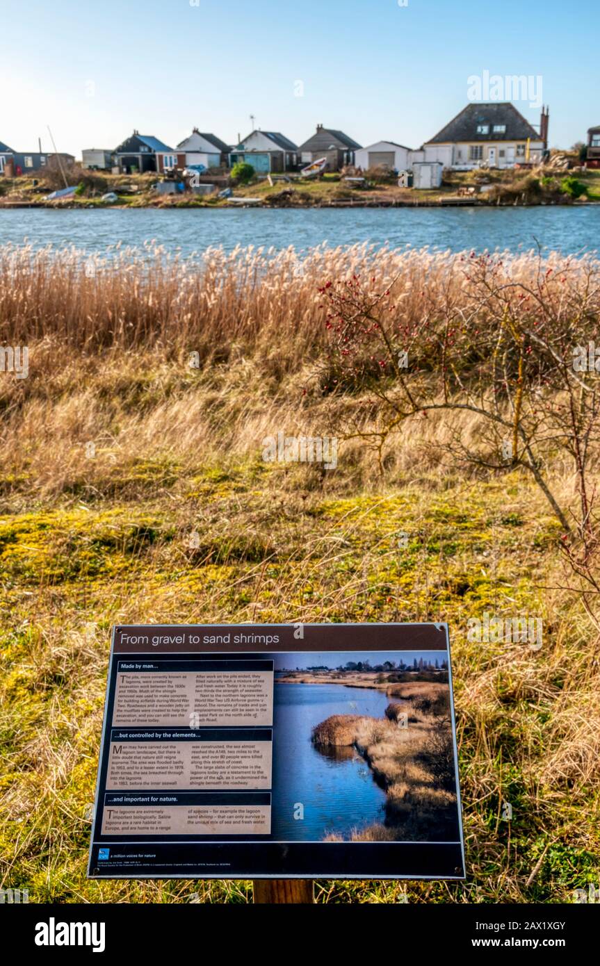 Information panel at RSPB Snettisham bird reserve on the east coast of ...