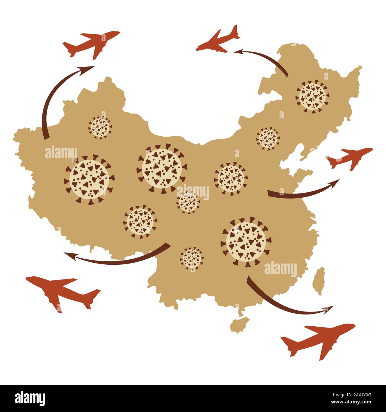 Vector illustration Map of China Airplanes Flight Stop Chinese corona ...