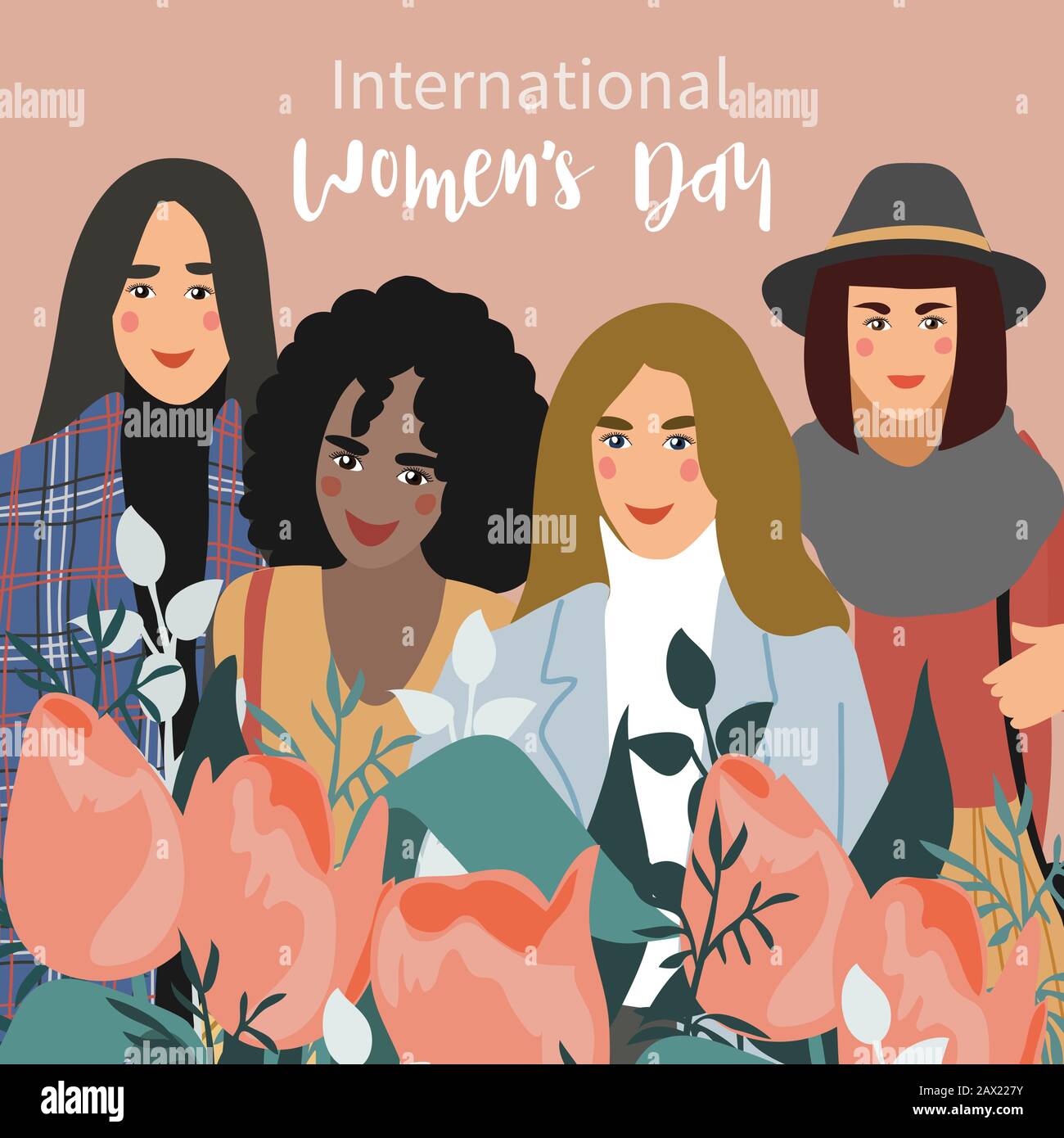 International Womens Day. Womens with different skin colors and flowers ...