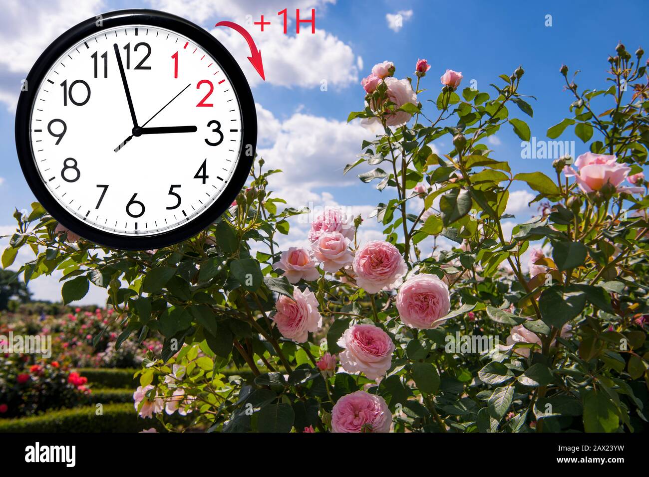 Daylight Saving Time (DST). Blue sky with white clouds and clock. Turn ...