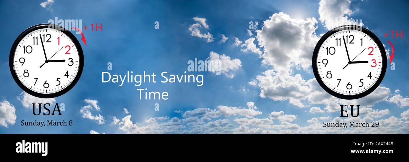 Daylight Saving Time (DST). Blue sky with white clouds and clock. Turn ...