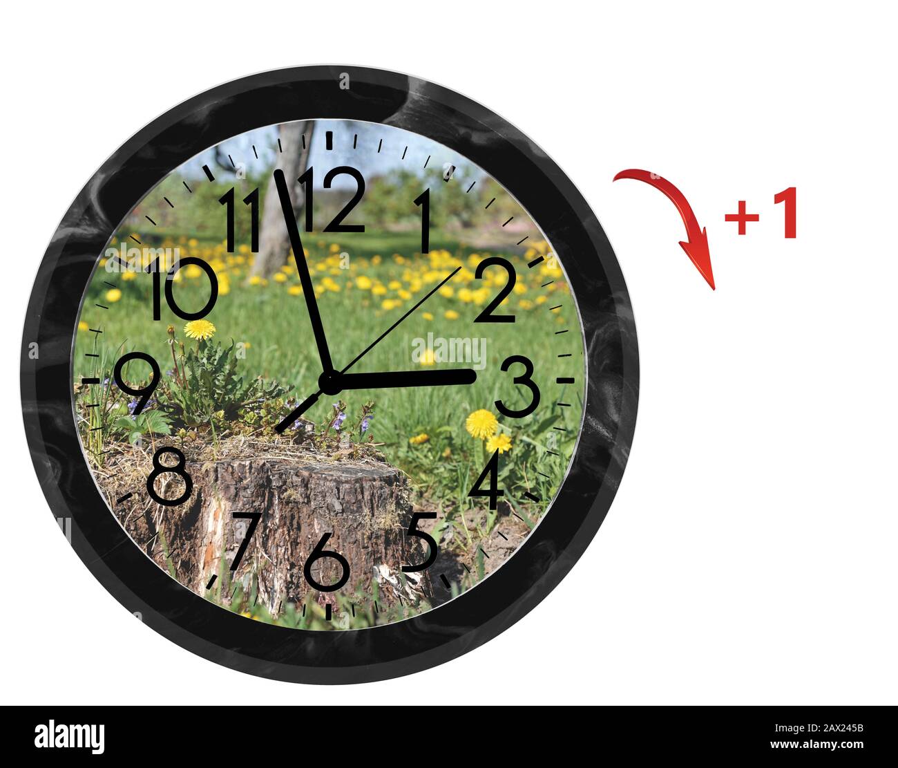 Daylight Saving Time (DST). Wall Clock going to summer time (+1). Turn ...