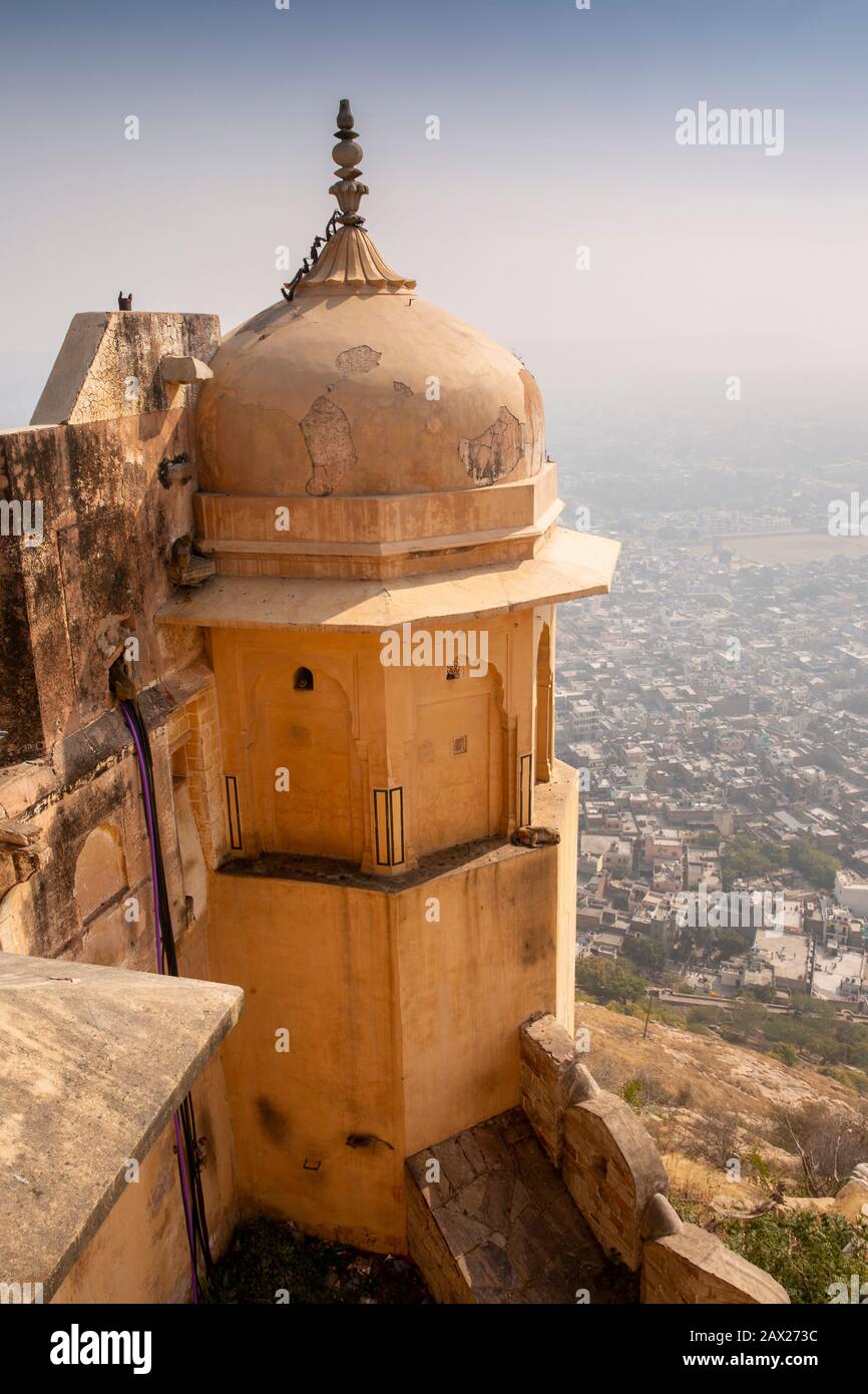 India, Rajasthan, Jaipur, Nahargarh Fort, Mughal style tower above city ...