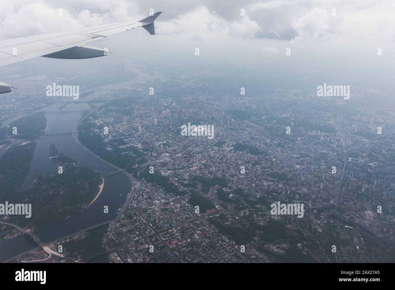 Panoramic view of the city of Kiev from the window of an airplane ...