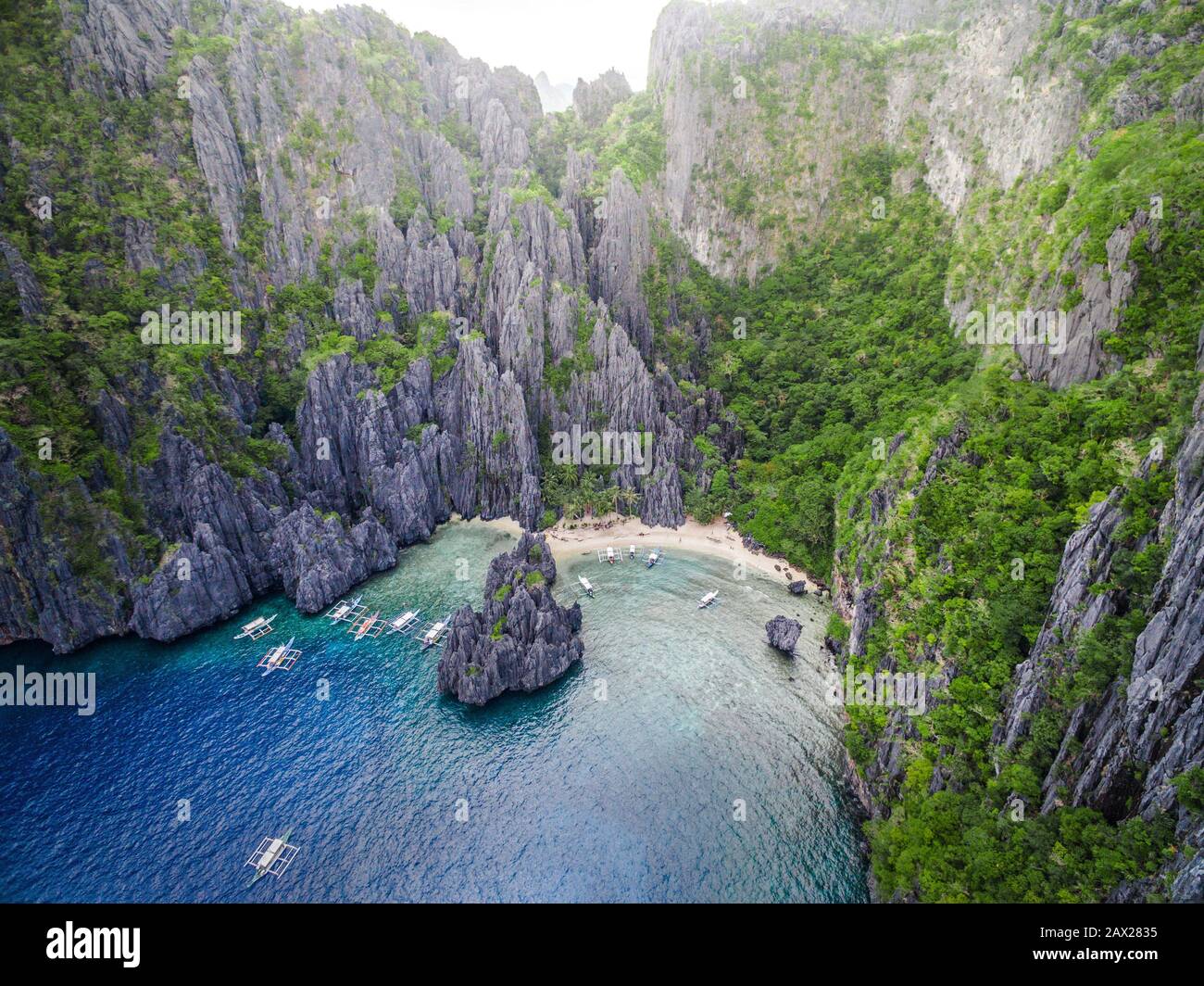 El Nido, Palawan, Philippines, aerial view of boats and karst scenery ...