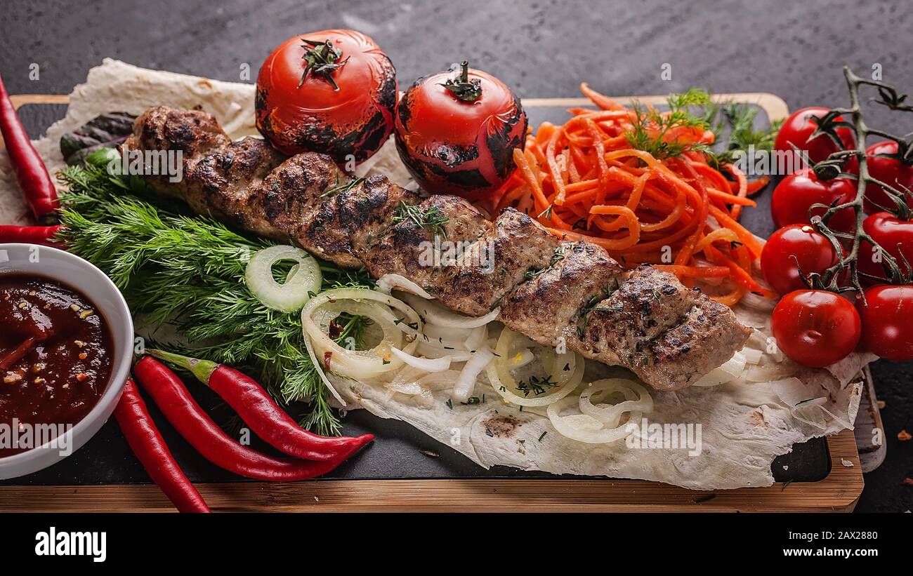 Food banner. Chicken shush kebab. Zucchini, green peppers, tomatoes ...