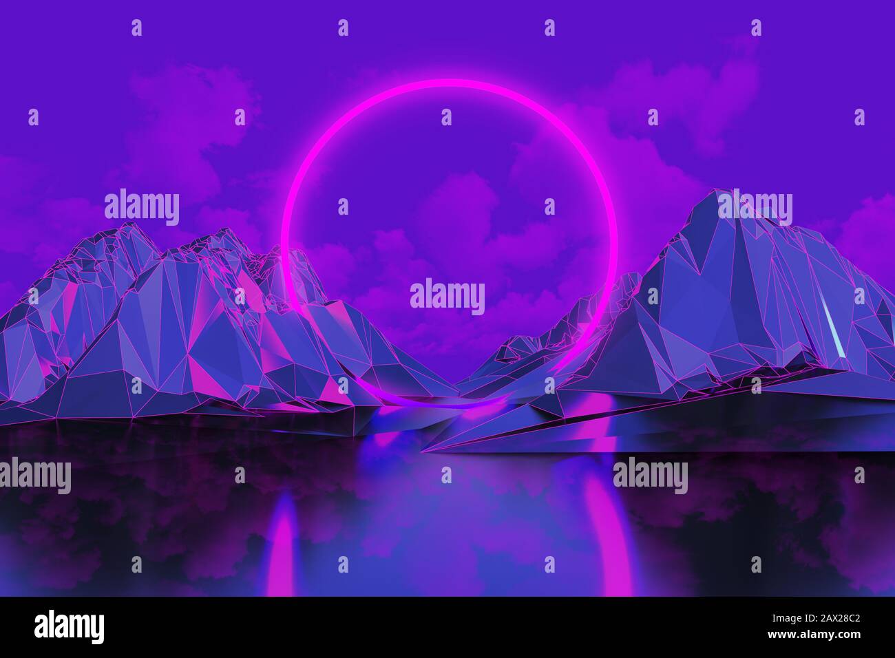 neon ring in low poly mountains. 3d rendering Stock Photo - Alamy