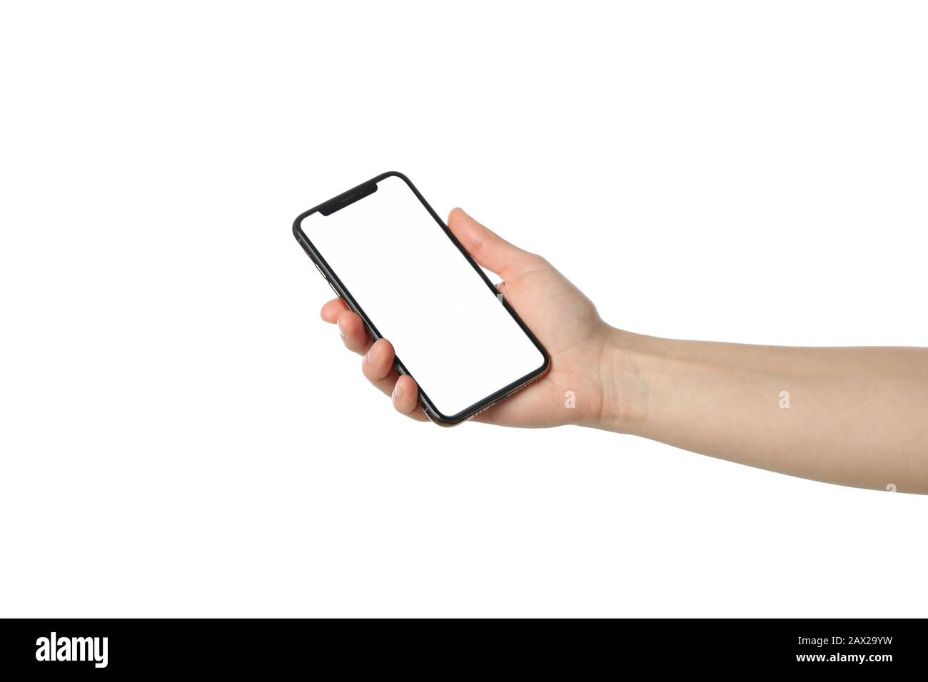 Female hand holding phone with empty screen, isolated on white ...