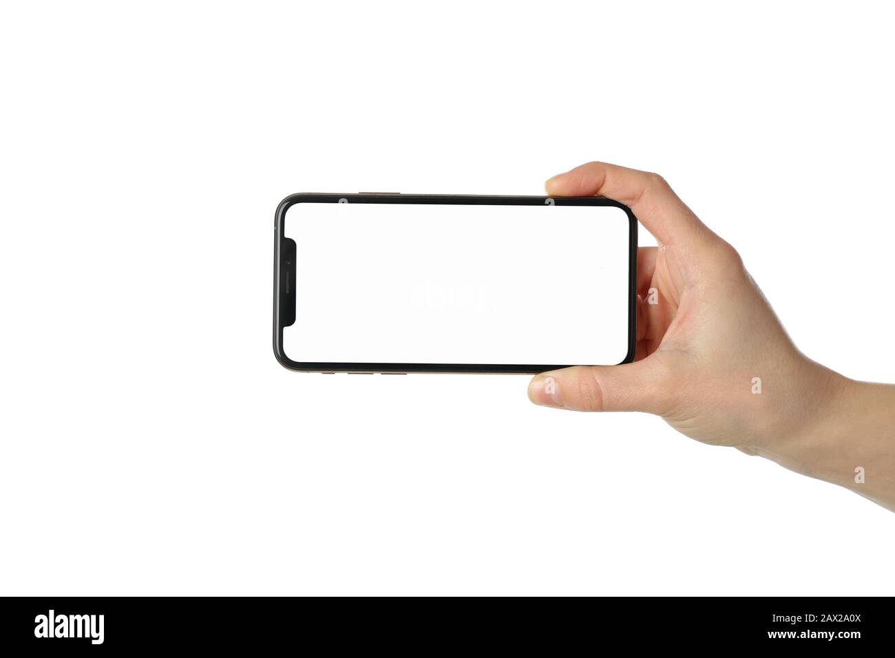 Female hand holding phone with empty screen, isolated on white ...