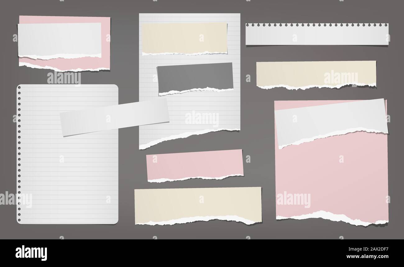Set of torn white and colorful note, notebook paper strips and pieces ...