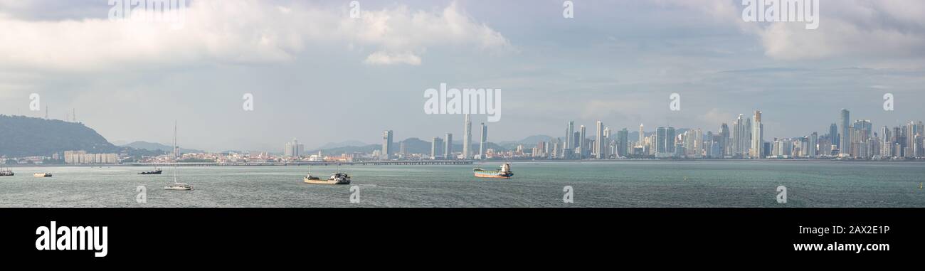 Wide panorama of Panama City skyline. Panoramic view of downtown Panama ...