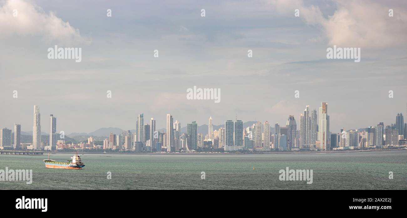 Wide panorama of Panama City skyline. Panoramic view of downtown Panama ...