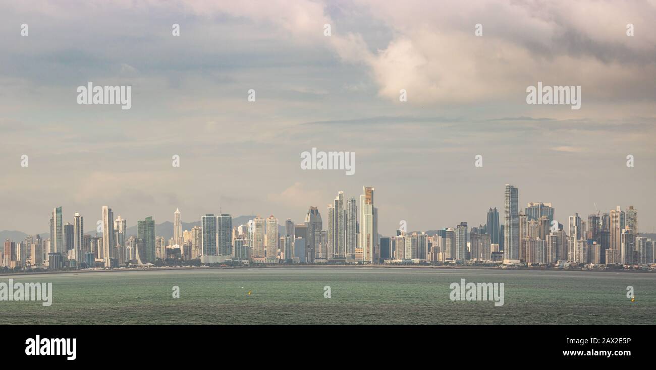 Wide panorama of Panama City skyline. Panoramic view of downtown Panama ...