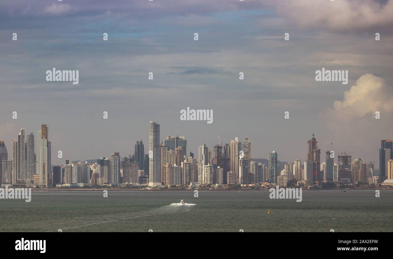 Wide panorama of Panama City skyline. Panoramic view of downtown Panama ...