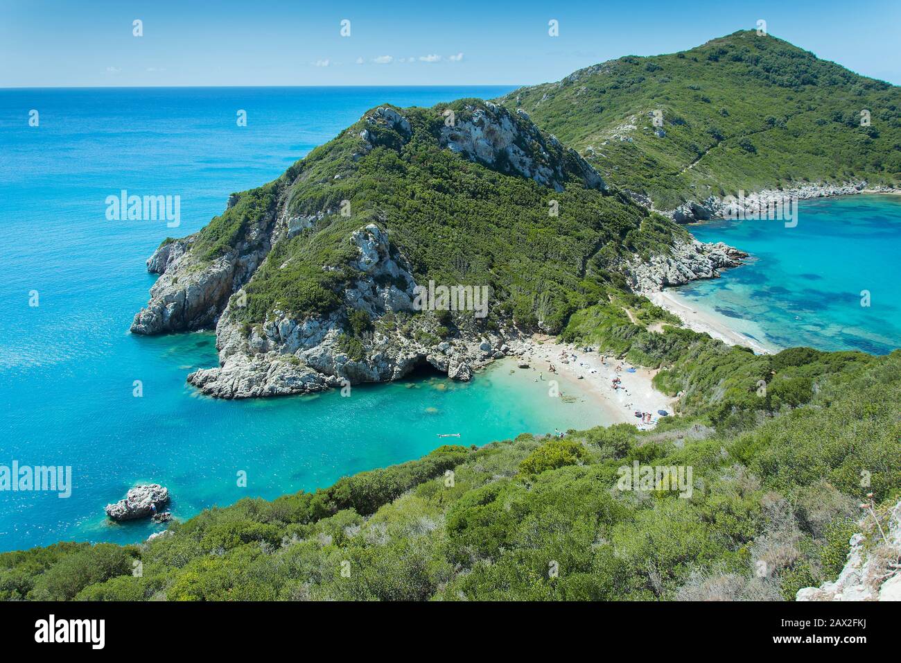 Porto Timoni beach in Corfu, Greece. Double beach bay, azure turquoise ...