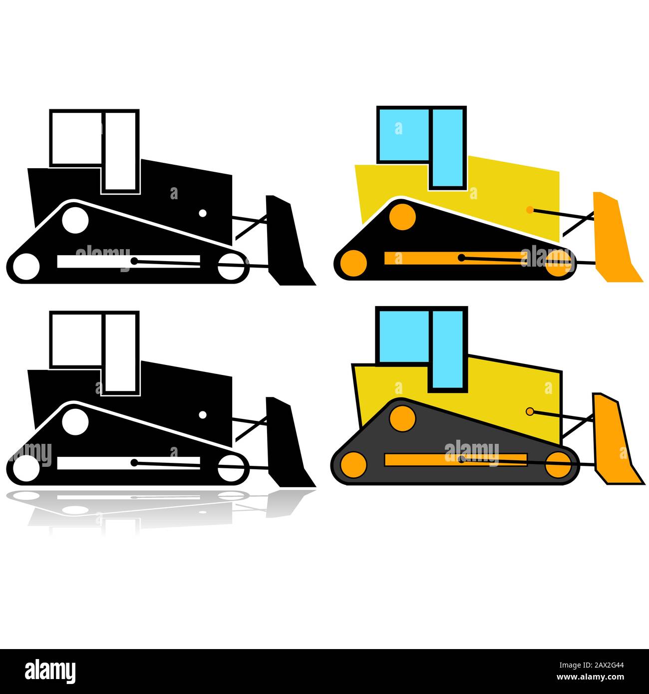 Icon set showing an illustration of a bulldozer represented in ...