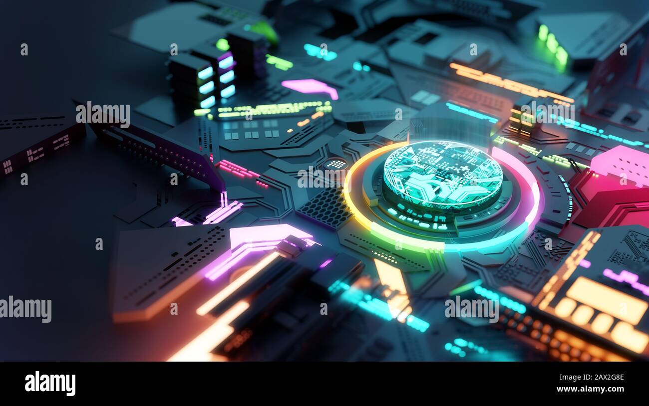 Bright coloured futuristic CPU and processors technology background. 3D ...