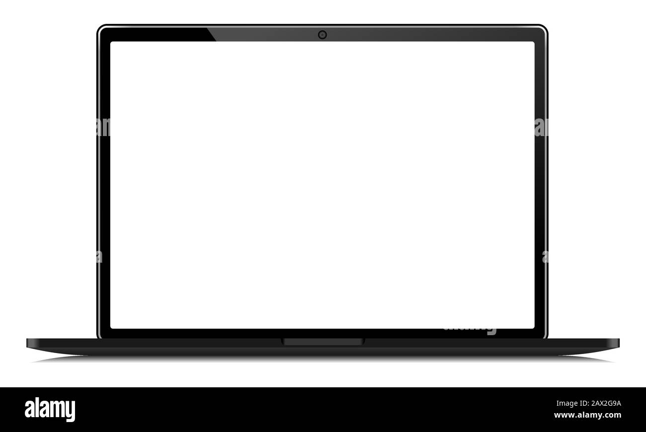 Realistic vector notebook with blank screen, computer mockup with empty monitor, black notebook ...