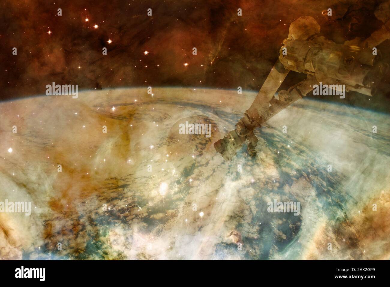 ISS space station walking Earth planet orbit. Endless of universe ...