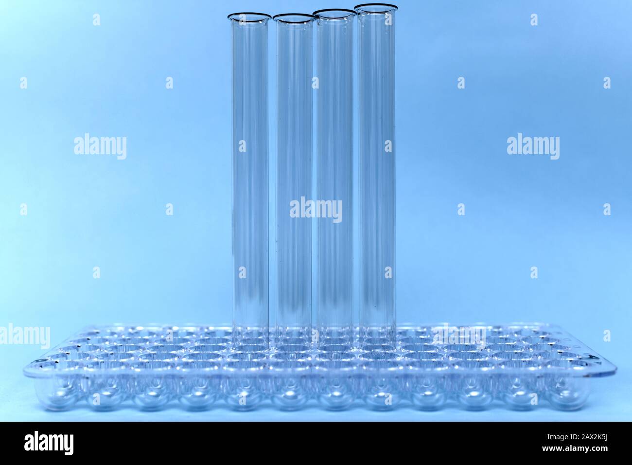 Four glass transparent medical test tubes are inserted into the stand ...