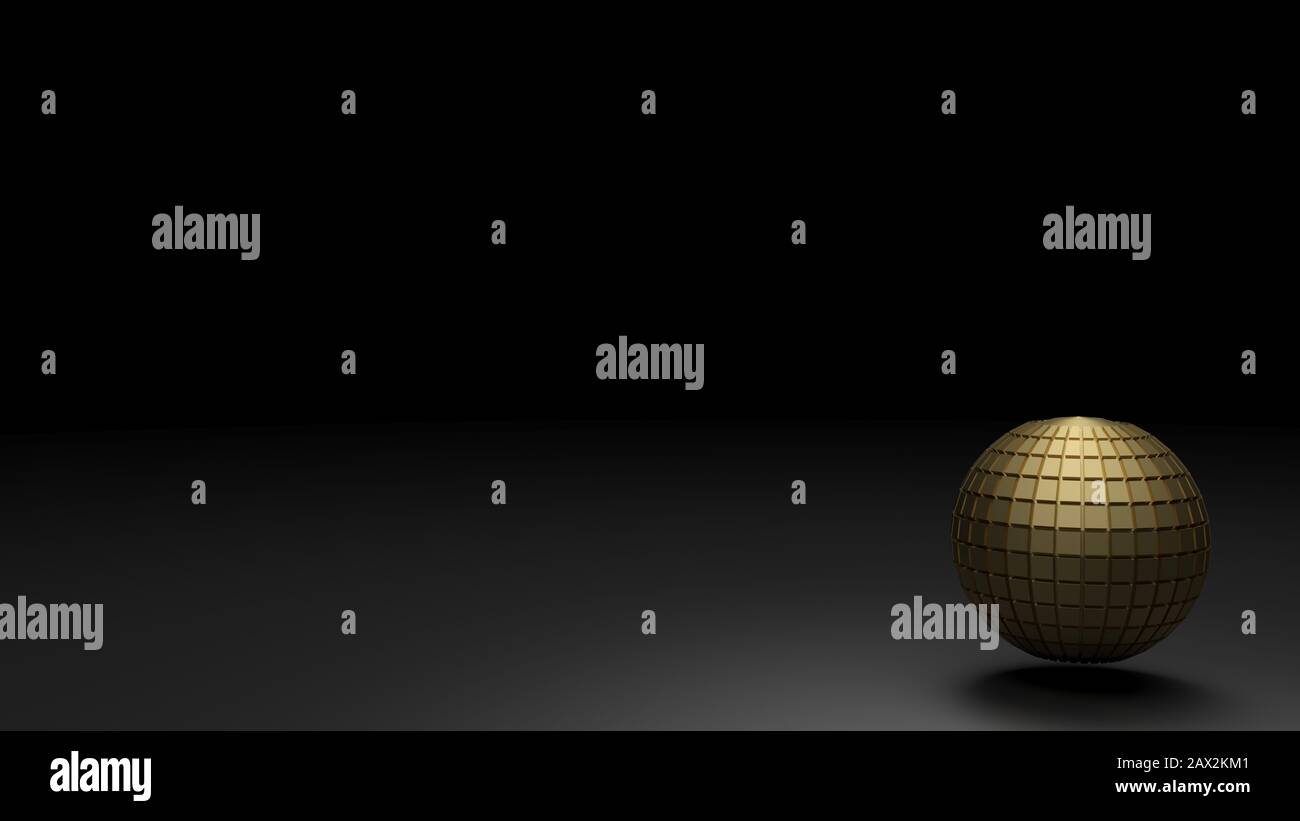 Metallic brass sphere with squared surface flying over a black plan ...