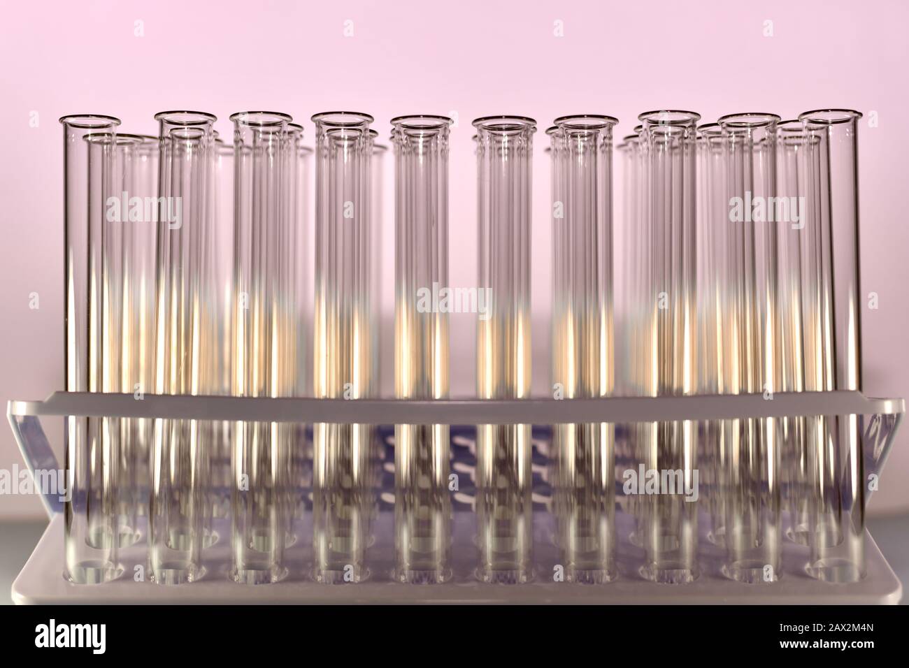 Transparent test tubes in a tray on a purple background filled with ...