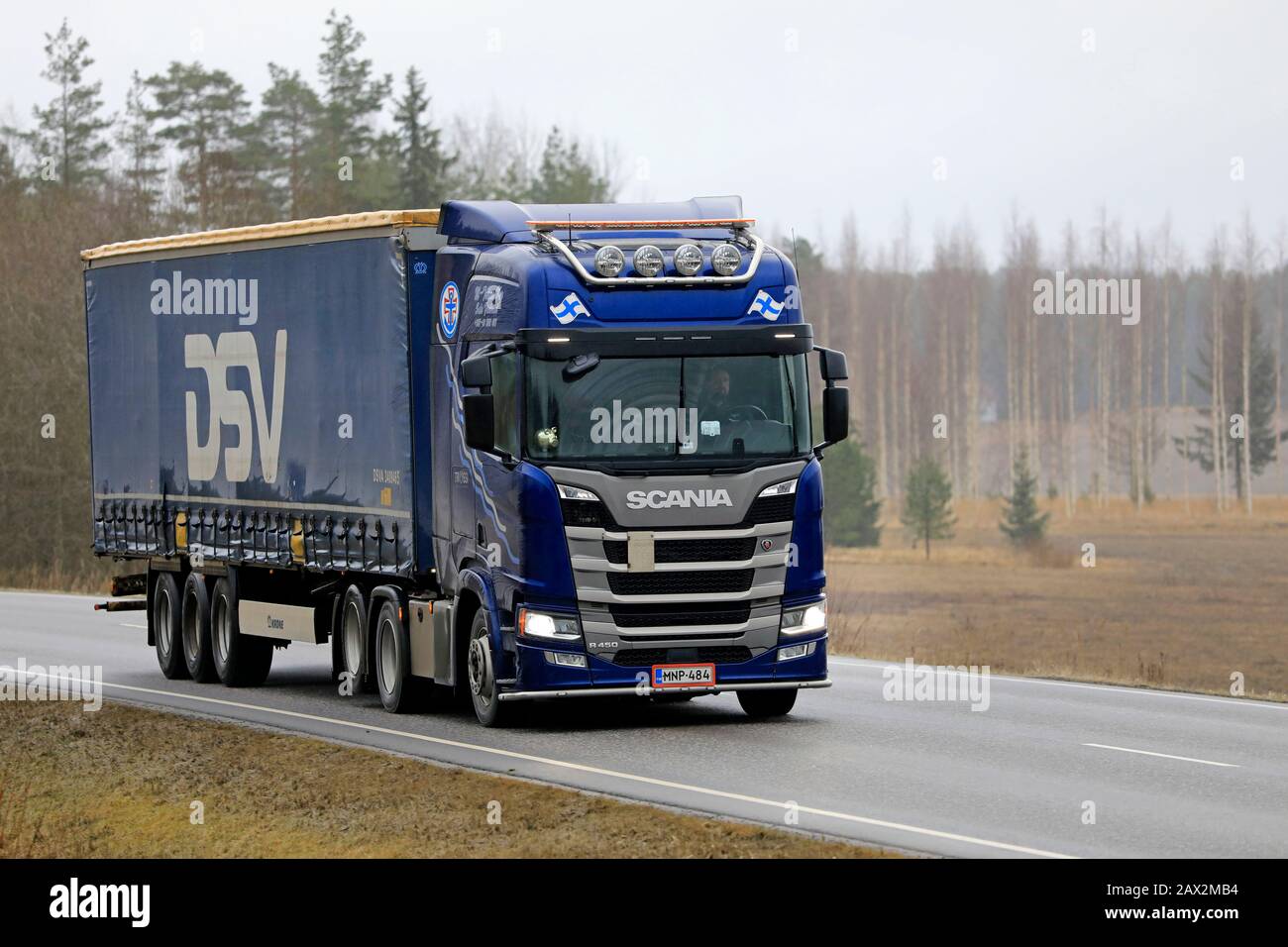 New, blue Scania R450 truck of M-Trans Ky pulling DSV semi trailer ...