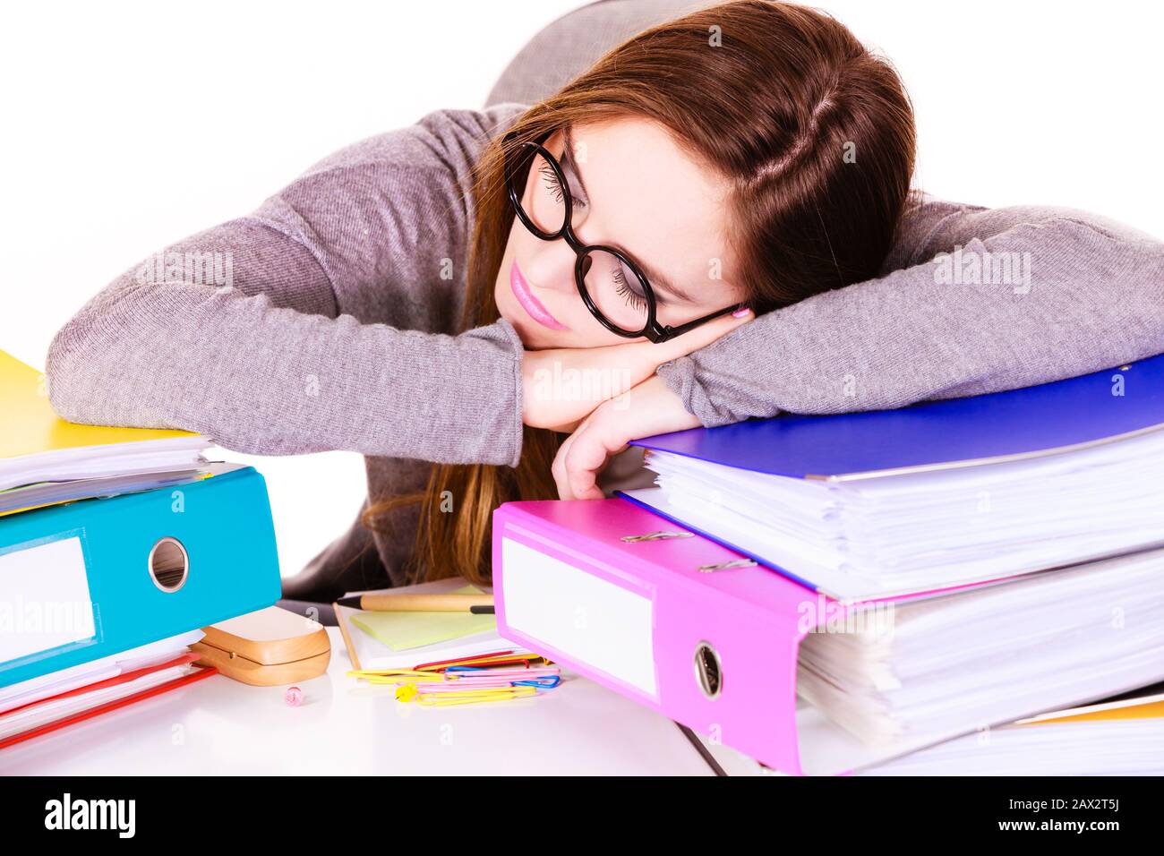 Woman working in office. Young overworked businesswoman or distressed ...
