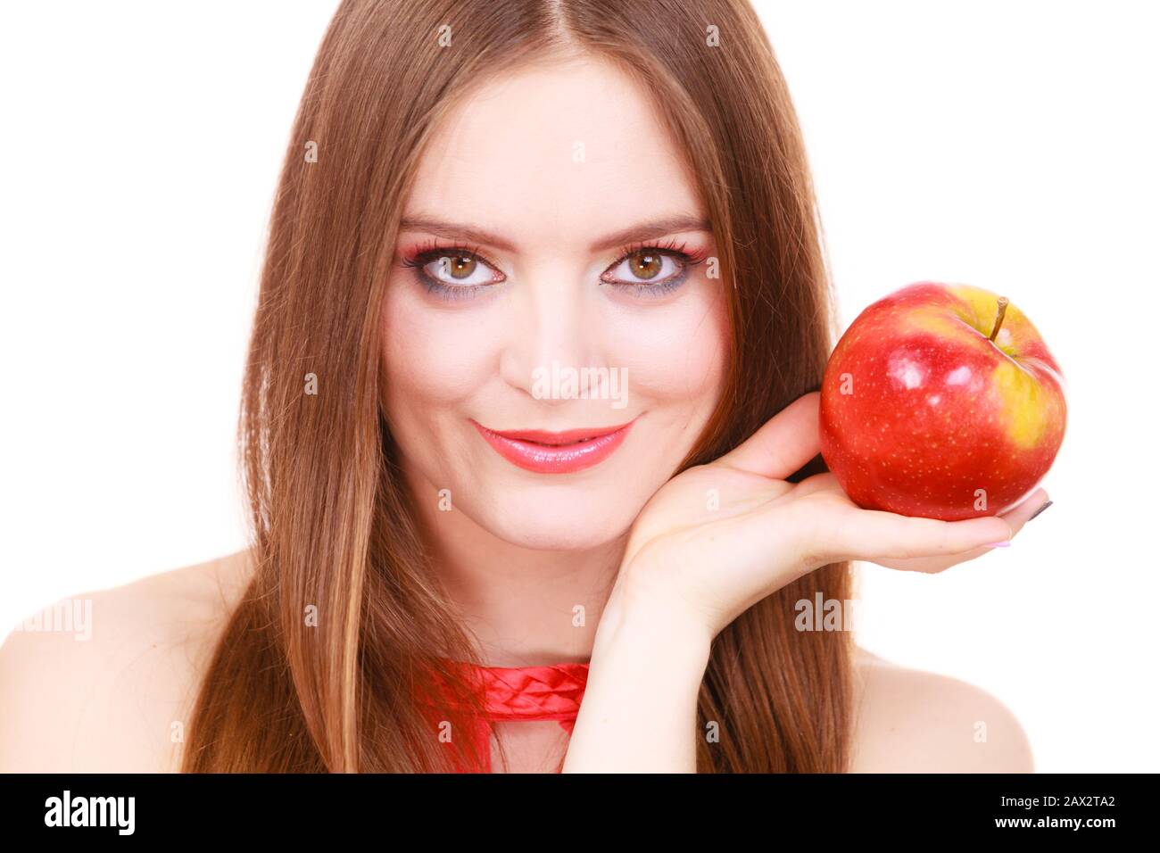 Woman young charming female long haired colorful make up holds big red ...