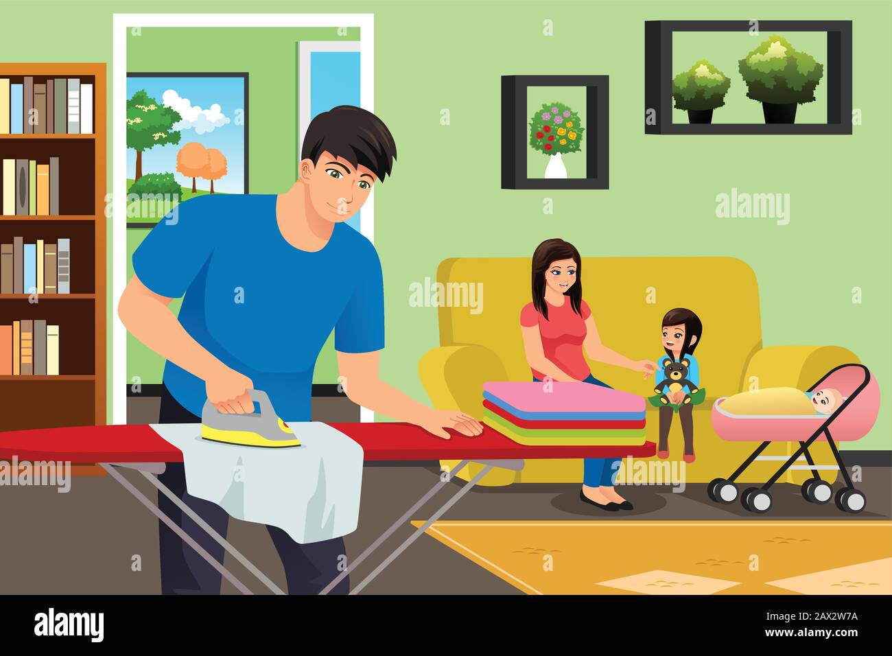 A vector illustration of Father Ironing Clothes While Mother and Kids ...