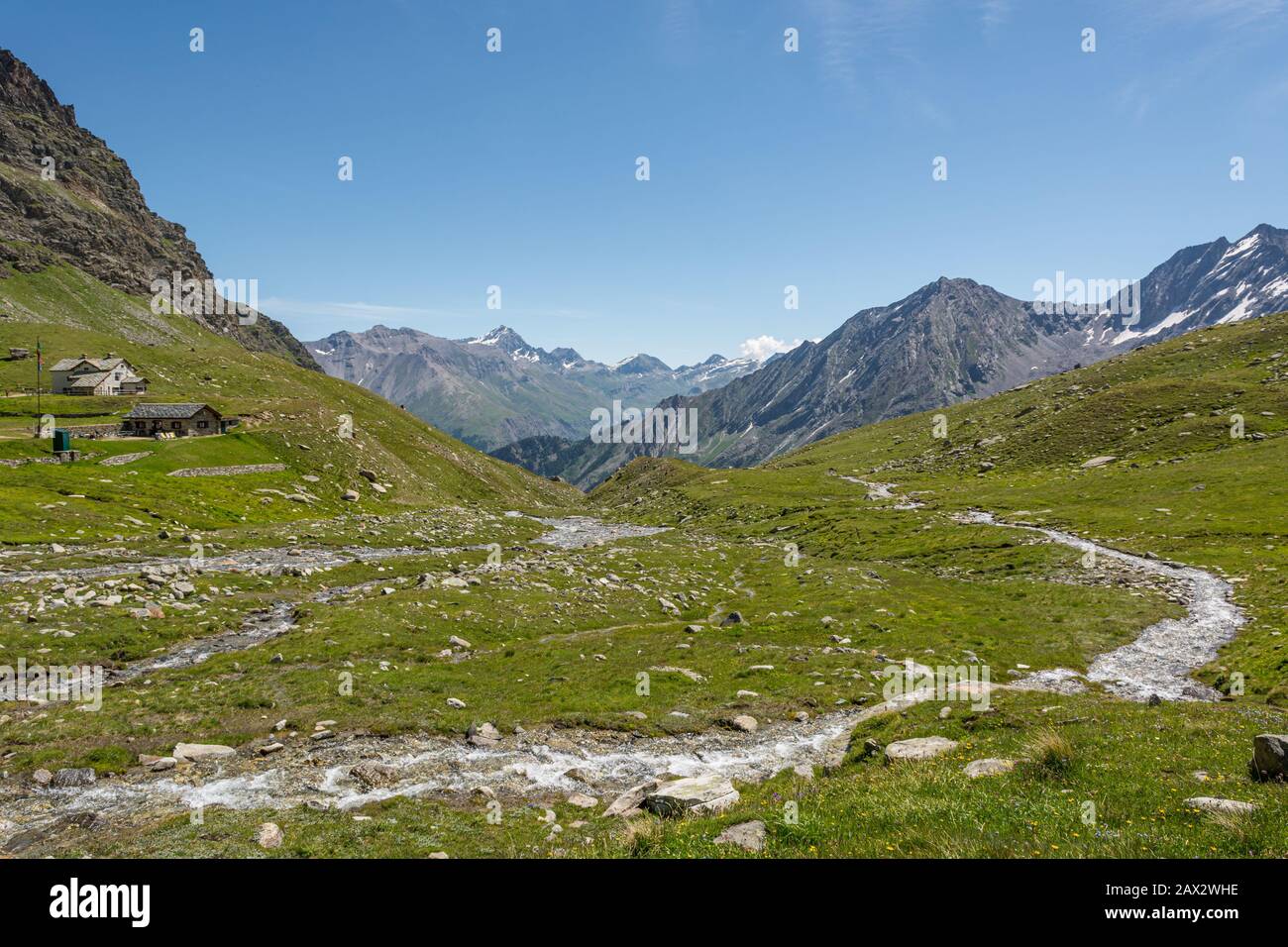 Glacier water spilling across mountain valley forming many streams ...