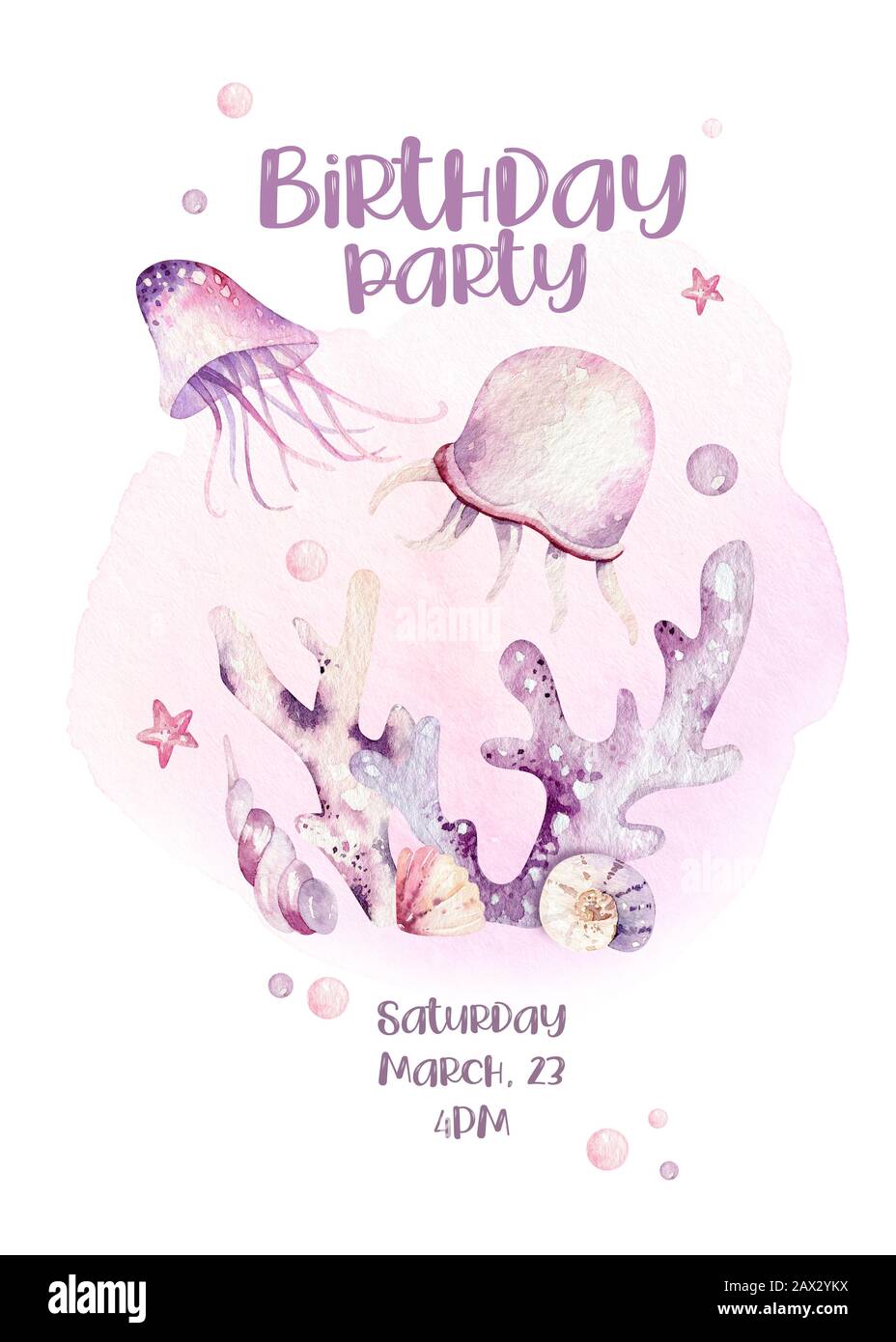 sea animals aquarium baby happy birthday poster. Blue watercolor ocean ...