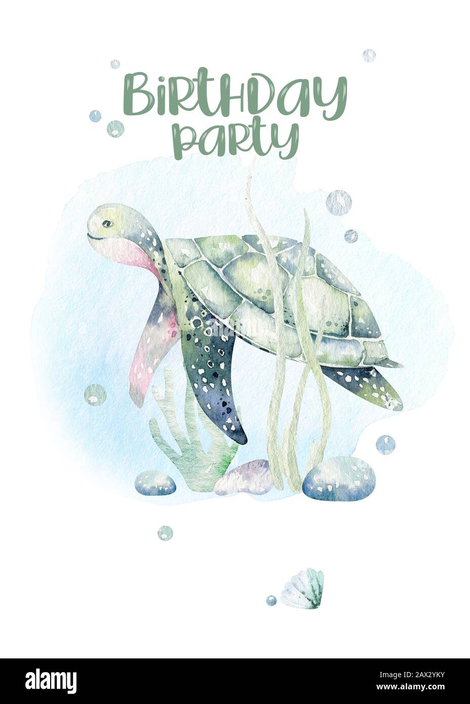 sea animals aquarium baby happy birthday poster. Blue watercolor ocean ...