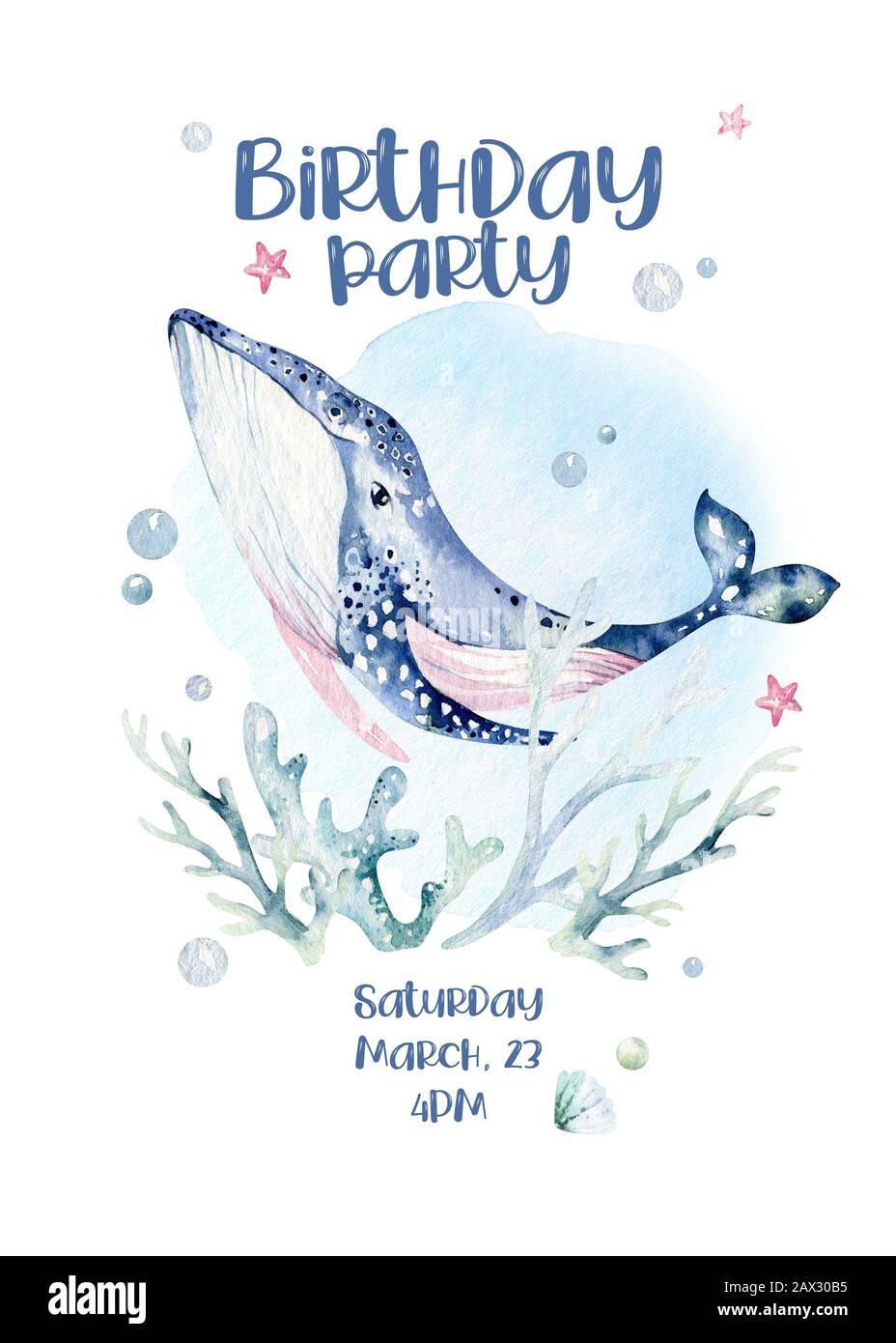 sea animals aquarium baby happy birthday poster. Blue watercolor ocean ...