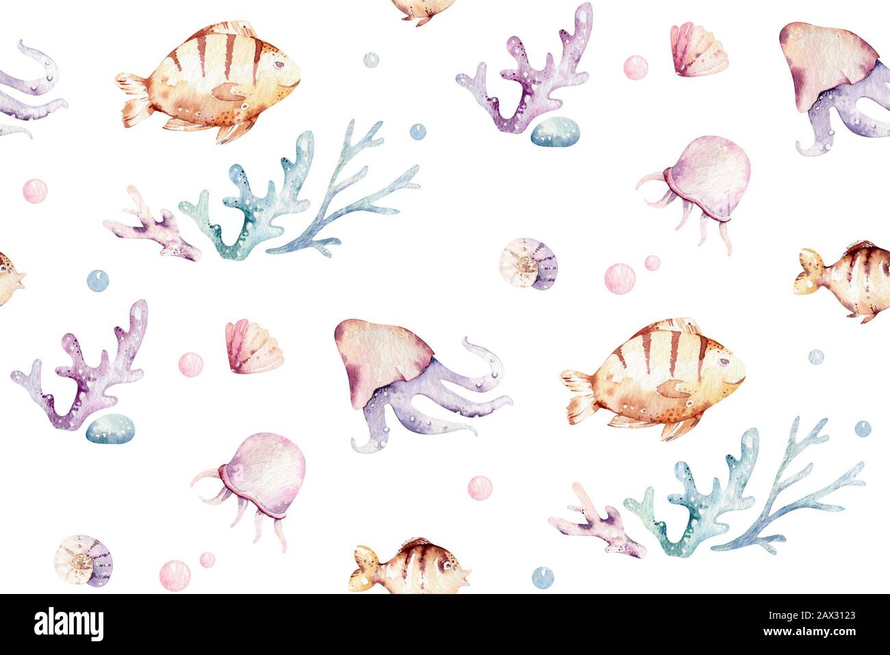 Sea animals blue watercolor ocean seamless pettern fish, turtle, whale ...