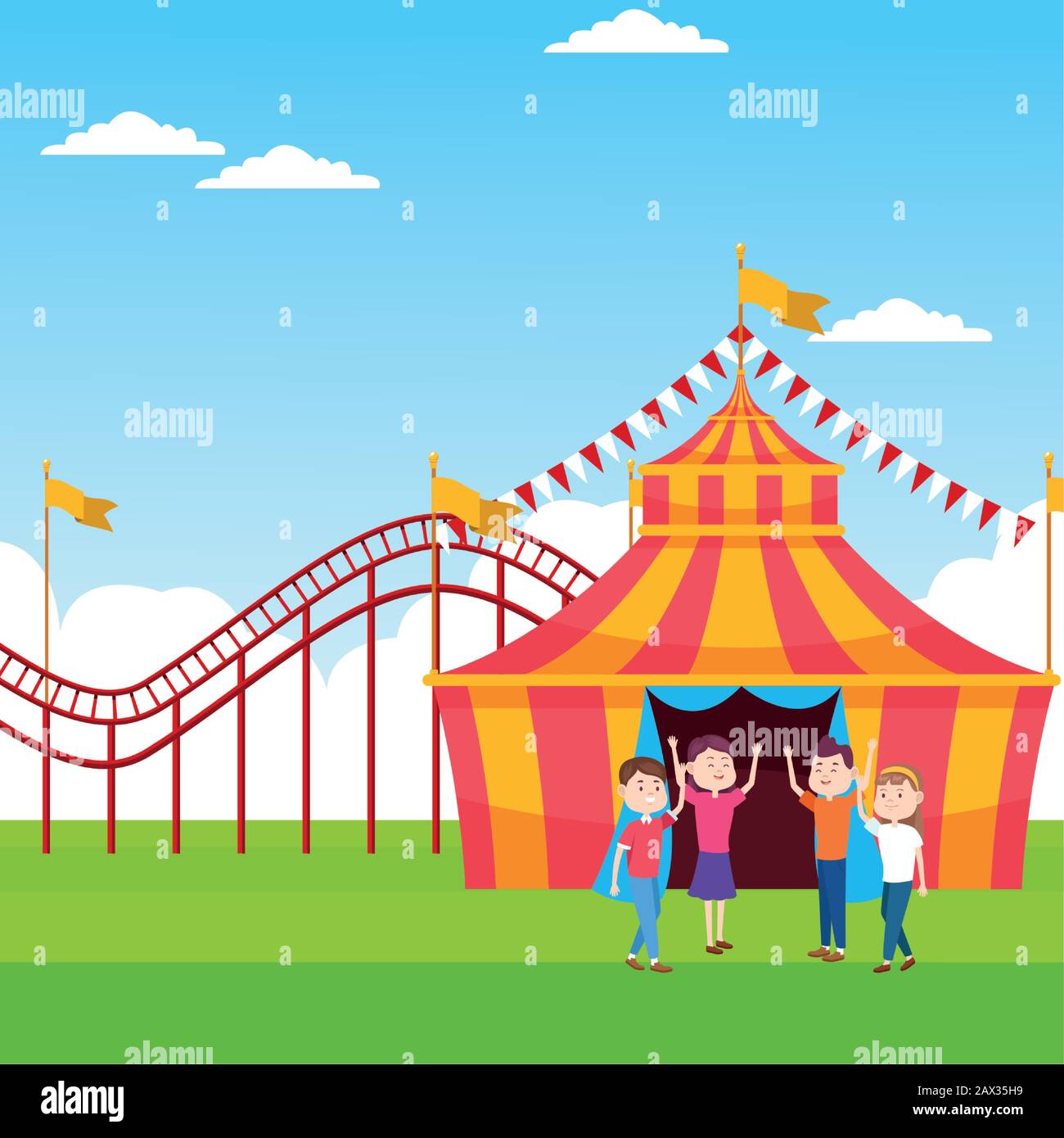 cartoon people in the fair over fair tent and roller coaster Stock ...
