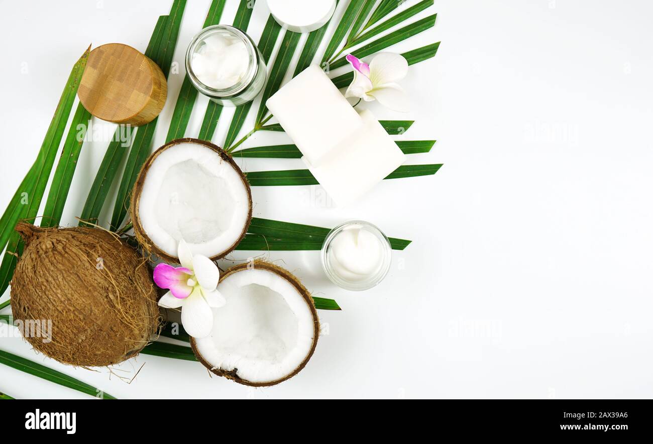 Coconut cosmetics theme flat lay creative layout overhead with pro ...