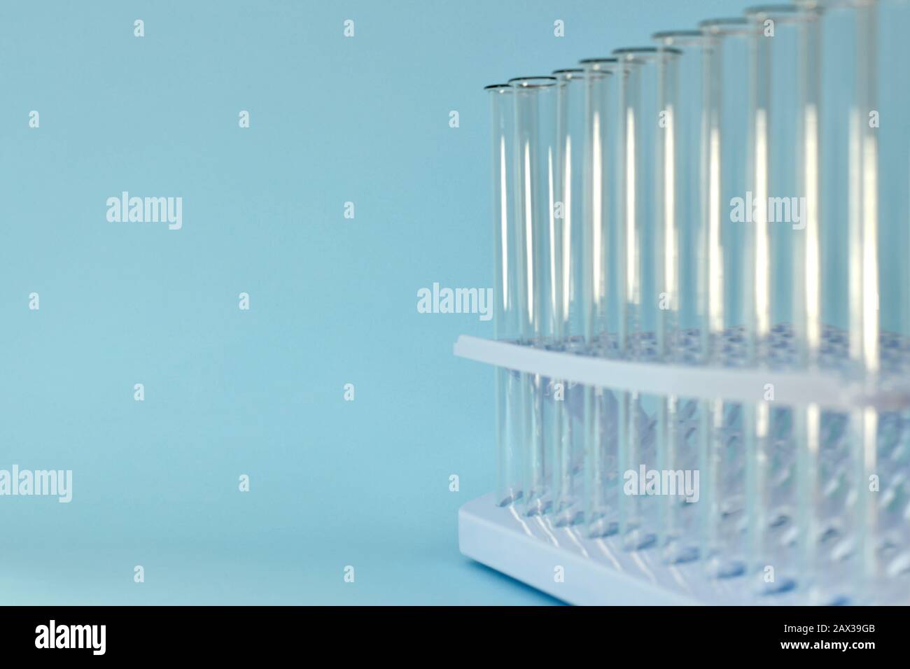 A horizontal image of removed transparent test tubes in a tray on a ...