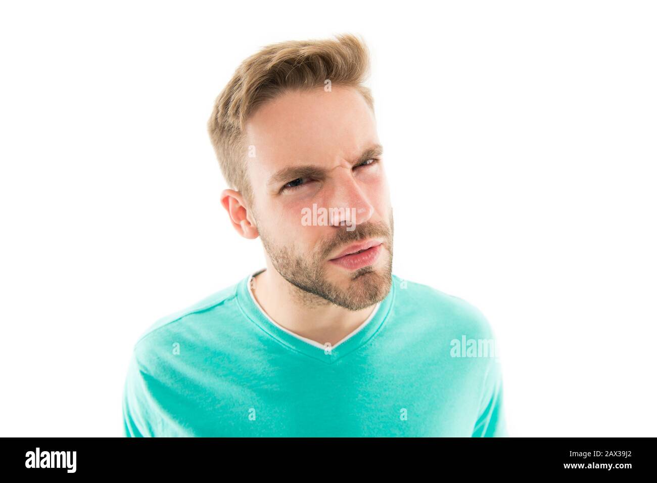 What did you say. Stress resistance concept. Guy tense face expression ...