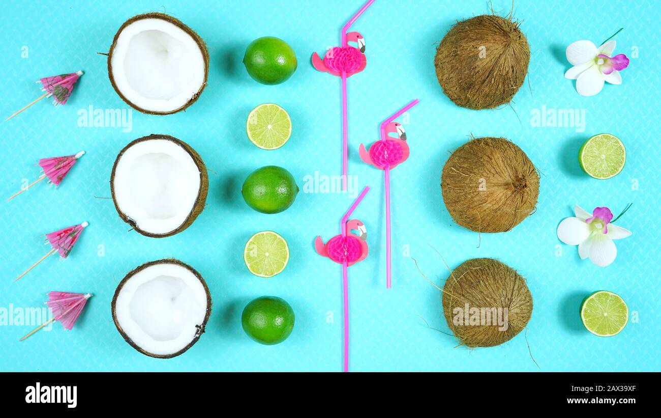 Coconut summertime theme flat lay creative layout overhead with ...