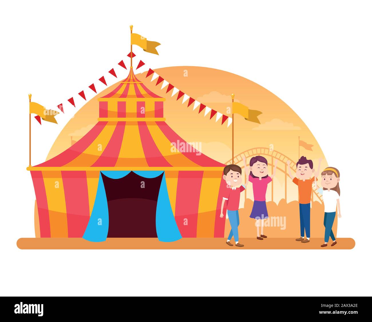 carnival fair tent and cartoon people around over white background ...