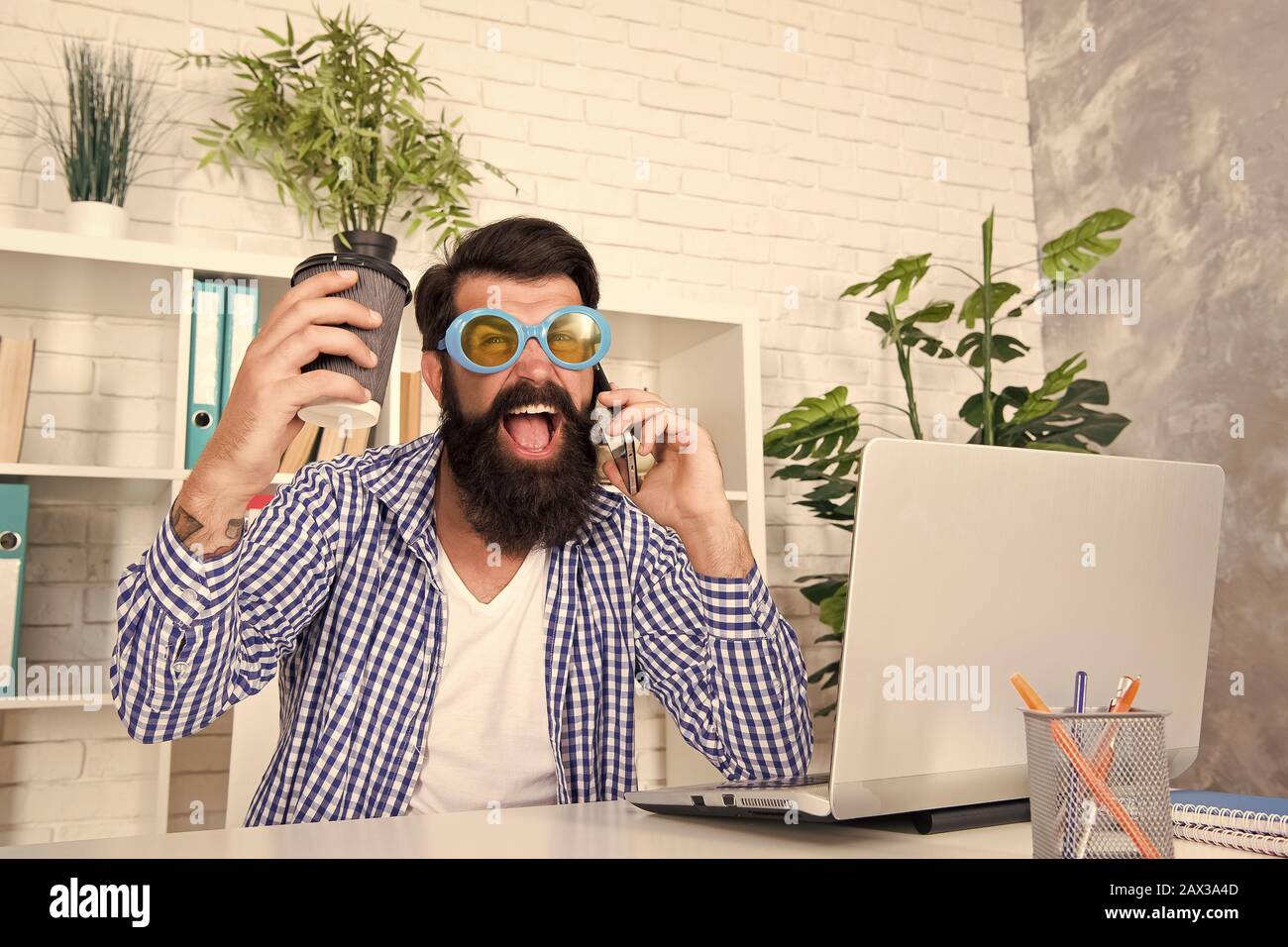 Office freak. Weirdo at workplace. Man freak crazy office manager ...