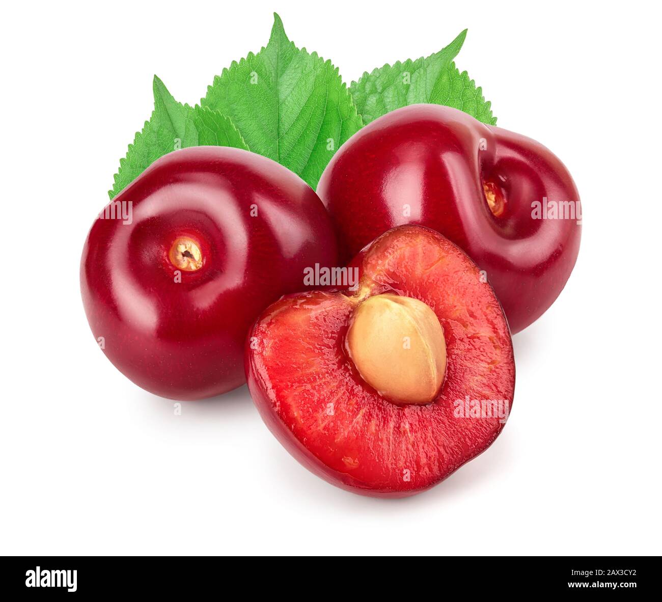 cherry and half with leaves closeup isolated on white background Stock ...