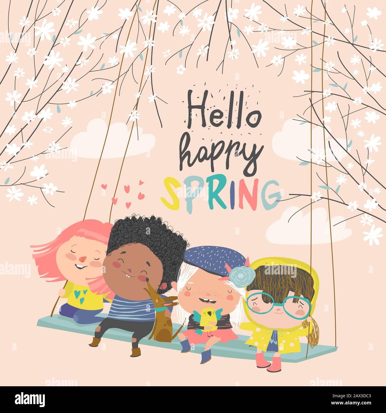 Happy child playing on swing blossom hi-res stock photography and ...