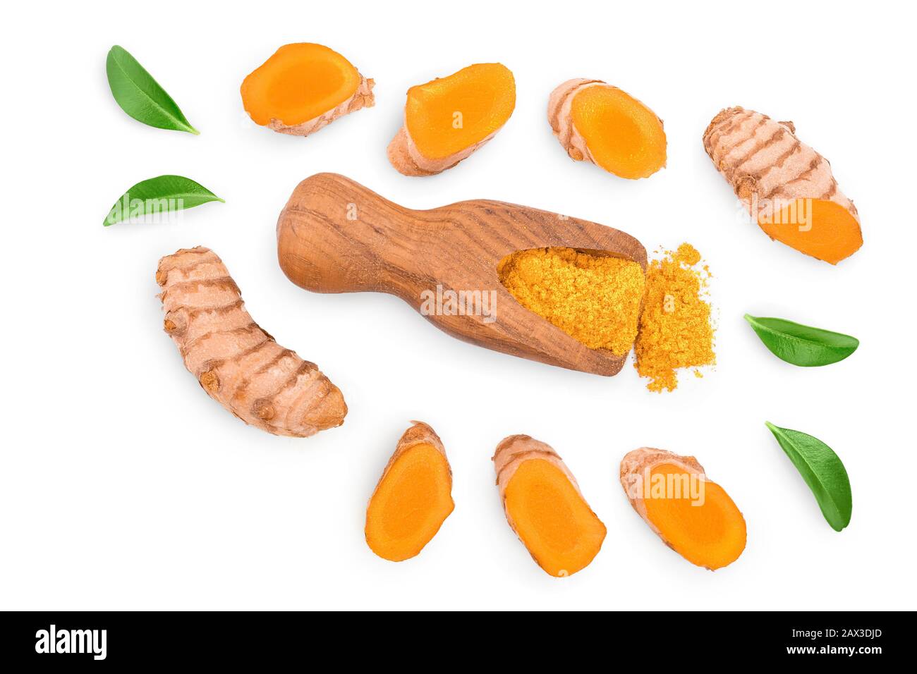 Turmeric powder and turmeric root isolated on white background. Top ...