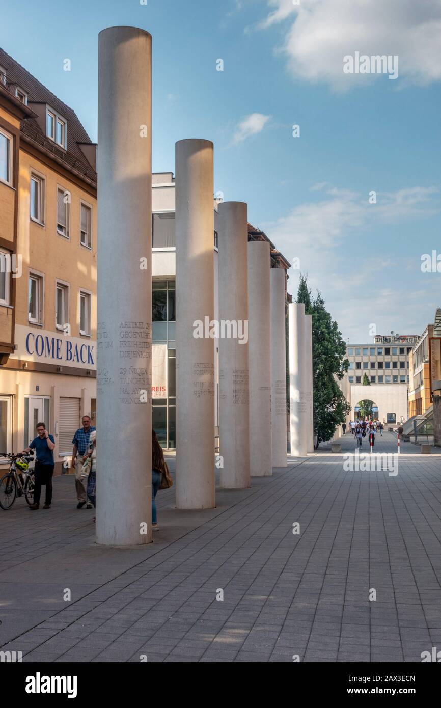 Universal Declaration of Human Rights inscribed on columns on Straße ...